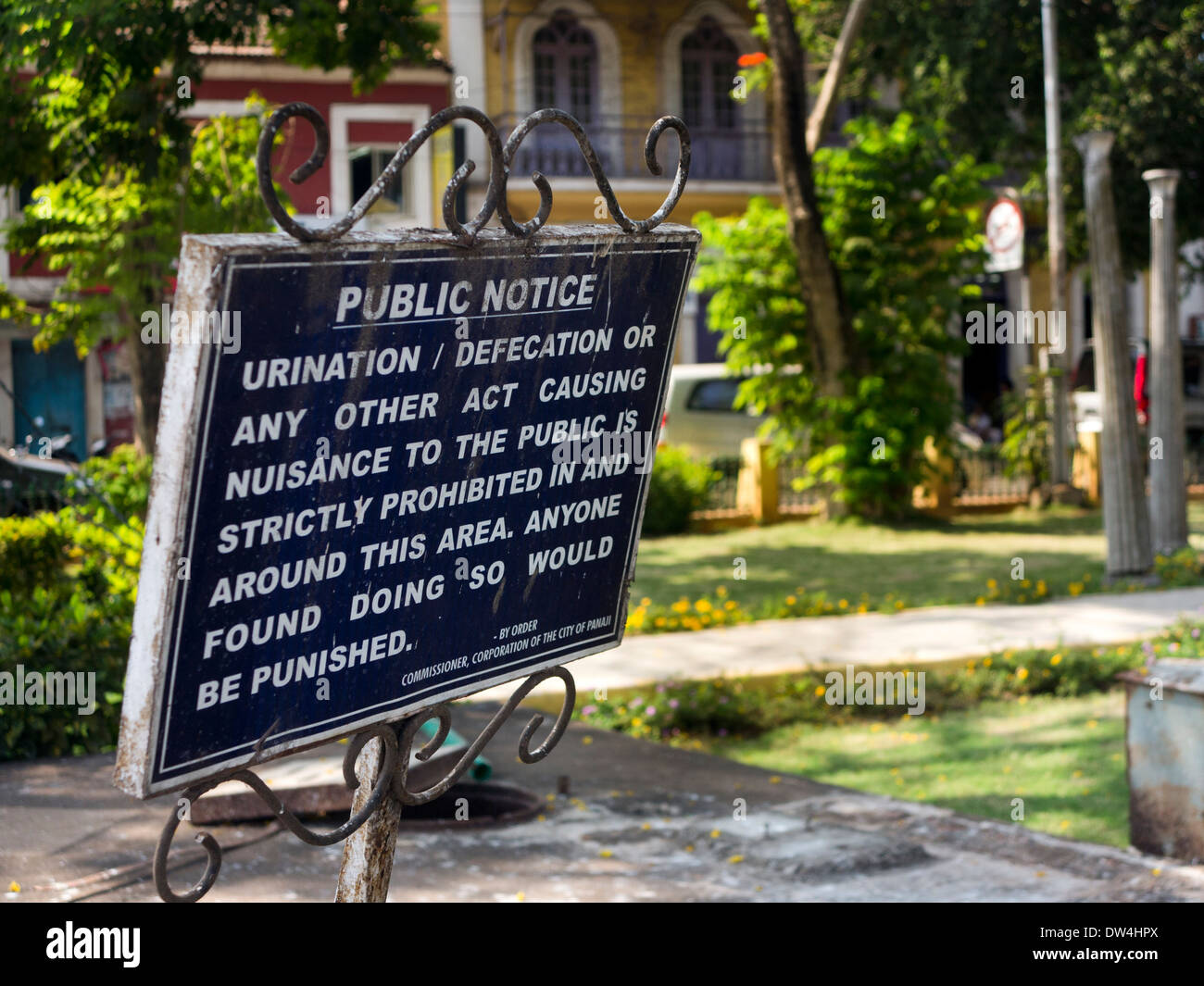 India, Goa, Panjim, Mermaid Garden, sign prohibiting defecation and ...