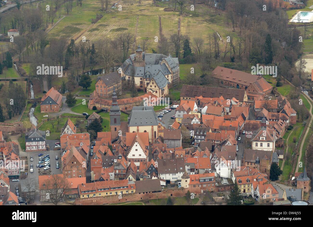 An aerial photo shows the old town and the castle, seat of the noble ...