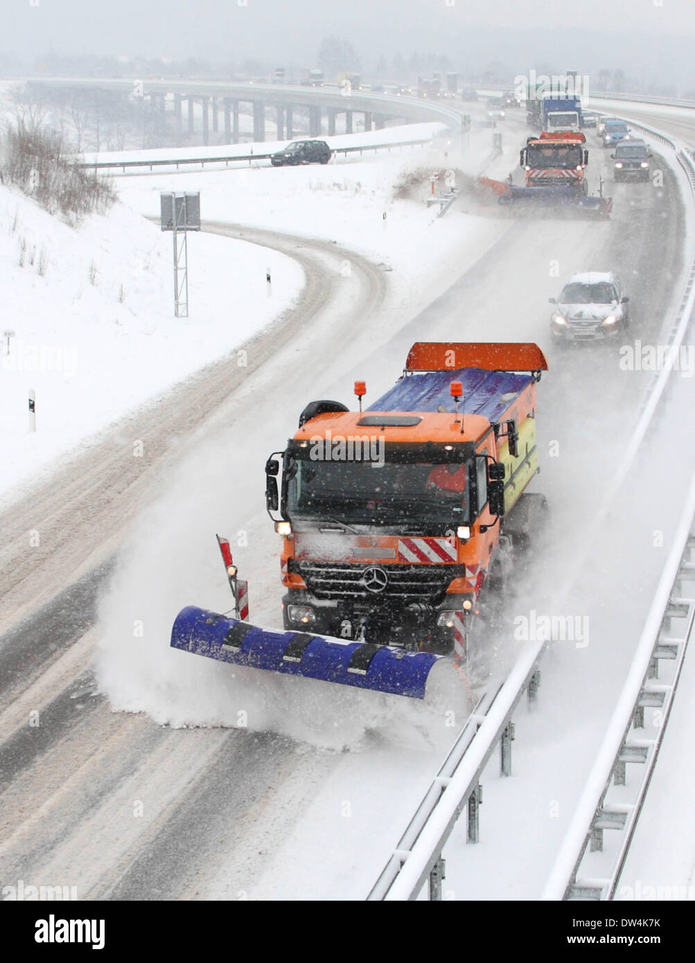 Mercedes Actros snow plows in action, Winnenden, Germany, Febr. 12 ...