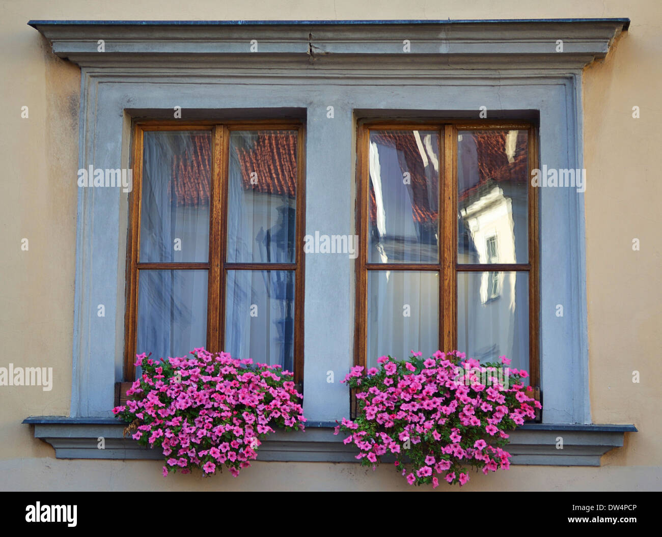 Old ornamented window with flowers Stock Photo - Alamy