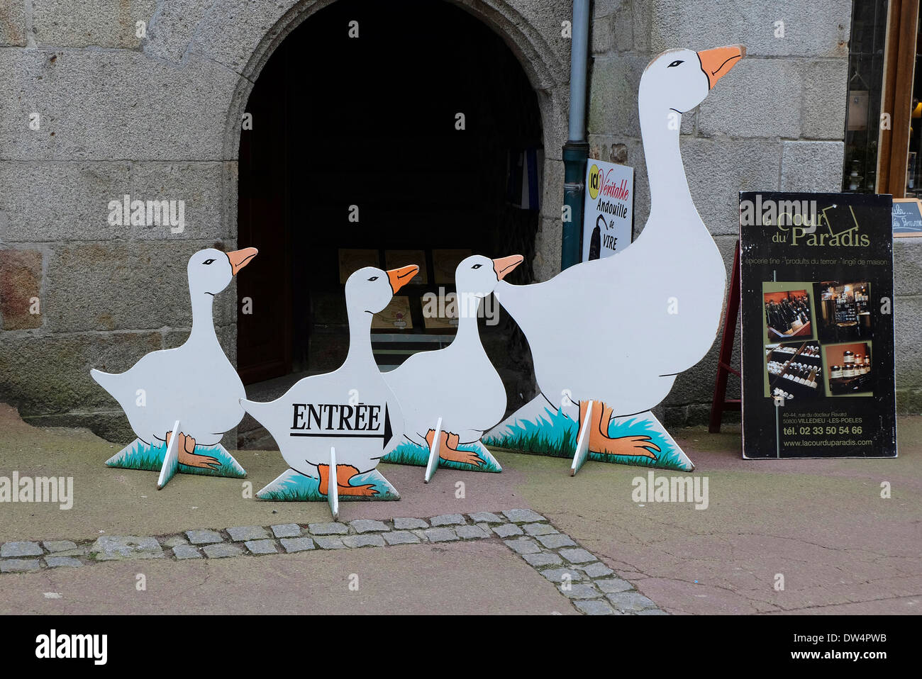 novelty wooden white geese outside foie gras shop, villedieu les poeles ...