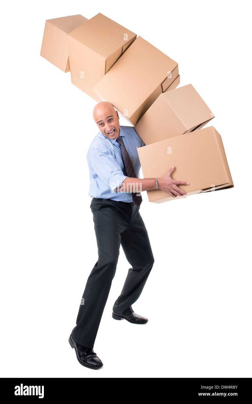 Businessman carrying a stack of cardboard boxes Stock Photo - Alamy