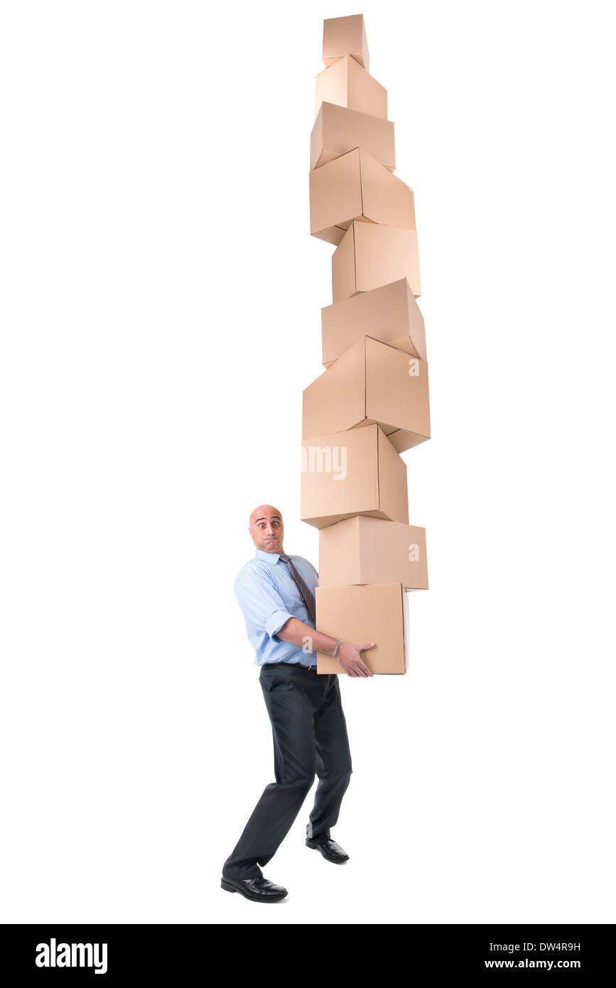 Businessman carrying a stack of cardboard boxes Stock Photo - Alamy
