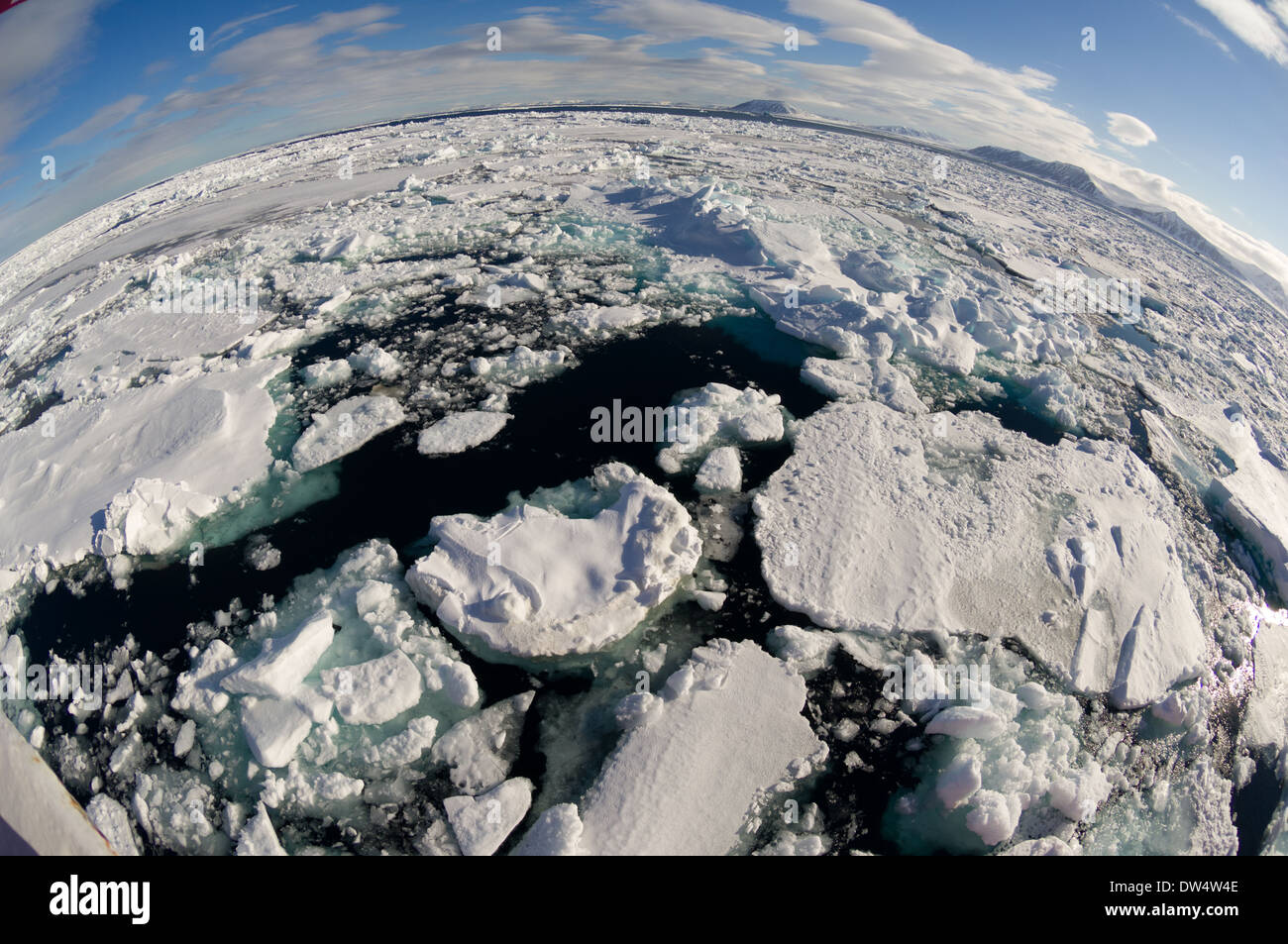 Fisheye shot of floating drift ice formed into pack ice, from an ...