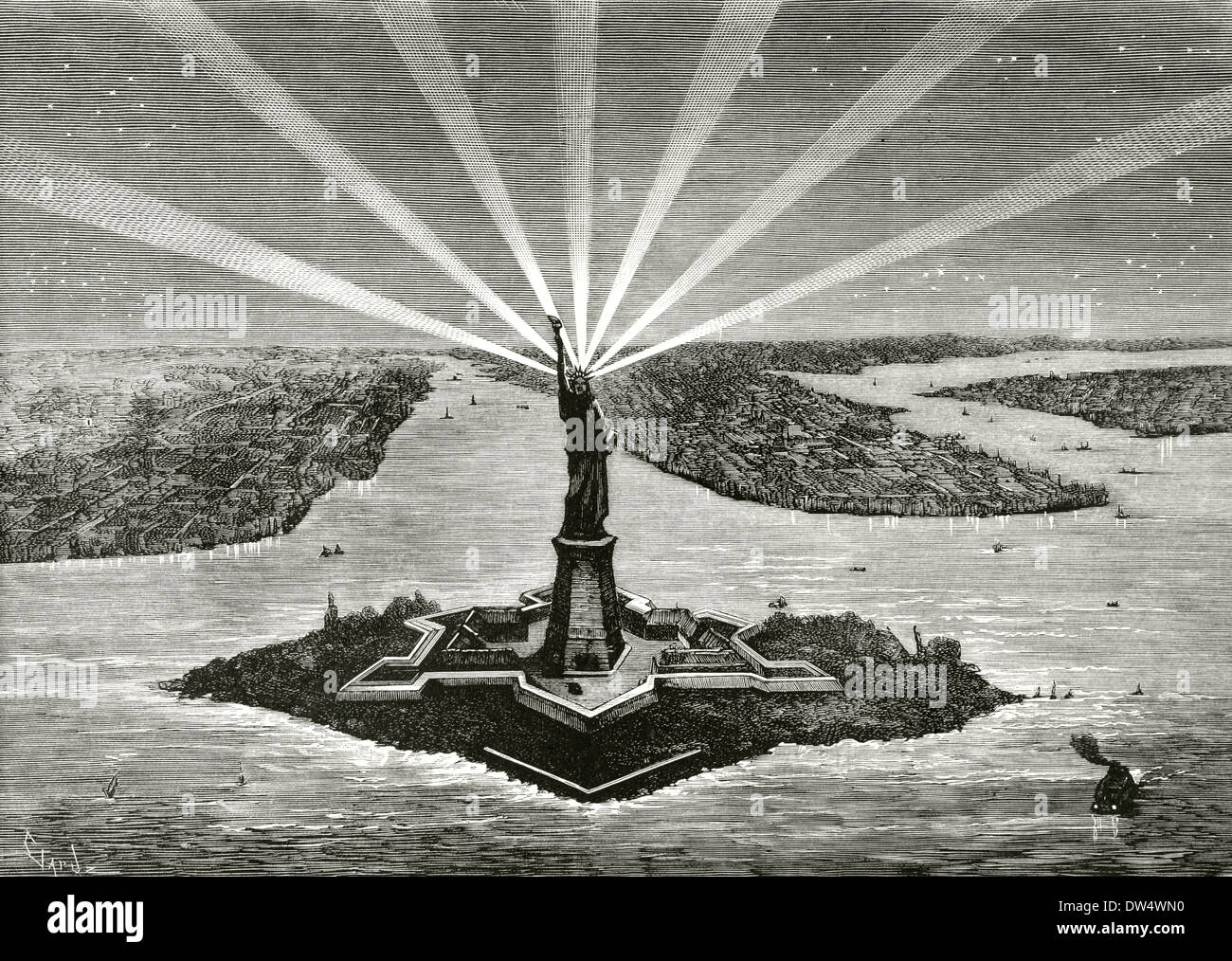 United States. Manhattan. New York. Statue of Liberty. Engraving Stock ...
