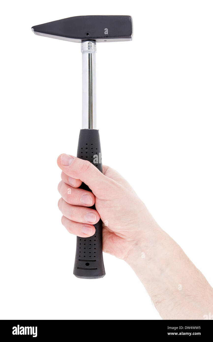 Modern hammer in male hand, isolated on white background Stock Photo ...