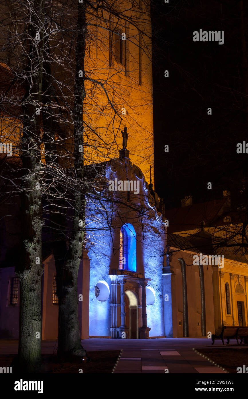 Colorfully illuminated ancient church St. Nicholas in the old town of ...