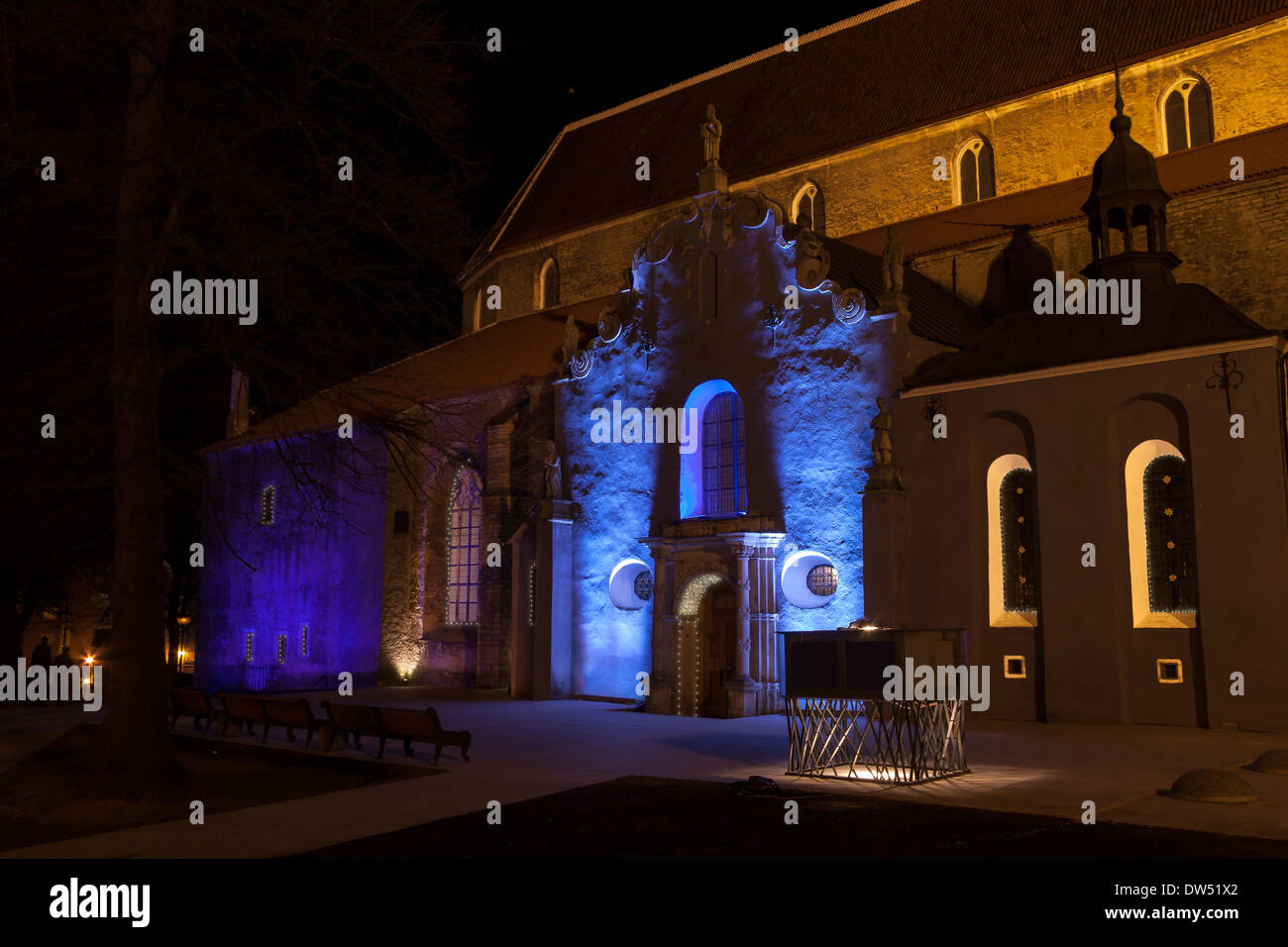 Colorfully illuminated ancient church St. Nicholas in the old town of ...