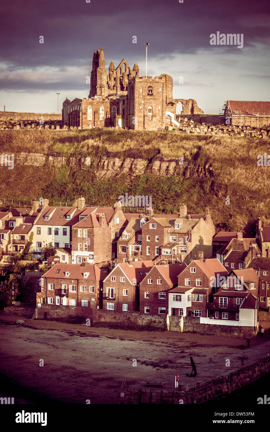 Harbour and Church of Saint Mary, Whitby with Whitby Abbey in ...