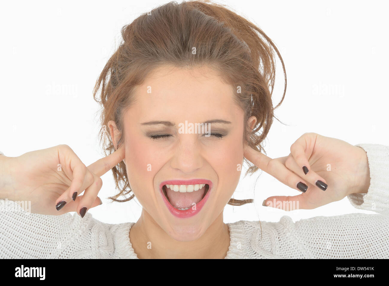 Close up woman covering ears hi-res stock photography and images - Alamy