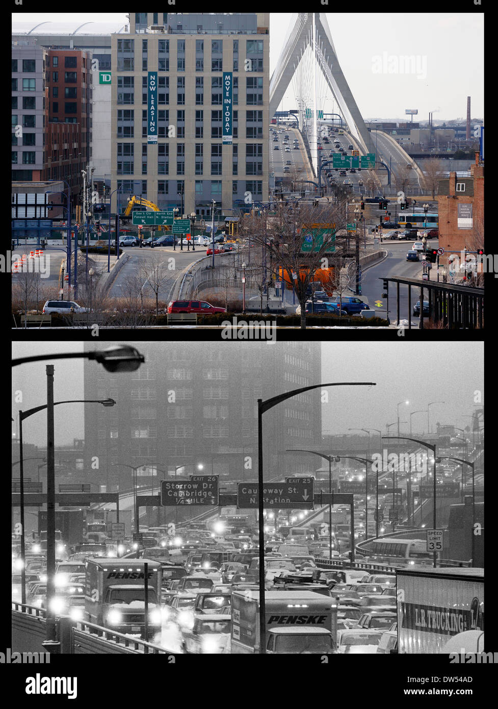 Composite image, Boston, before and after the Central Artery was moved ...