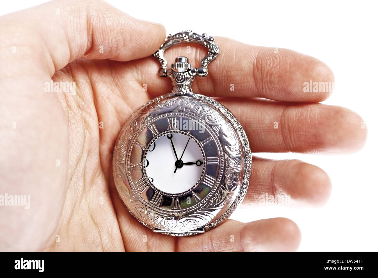 Hand holding vintage pocket watch isolated on white background Stock ...