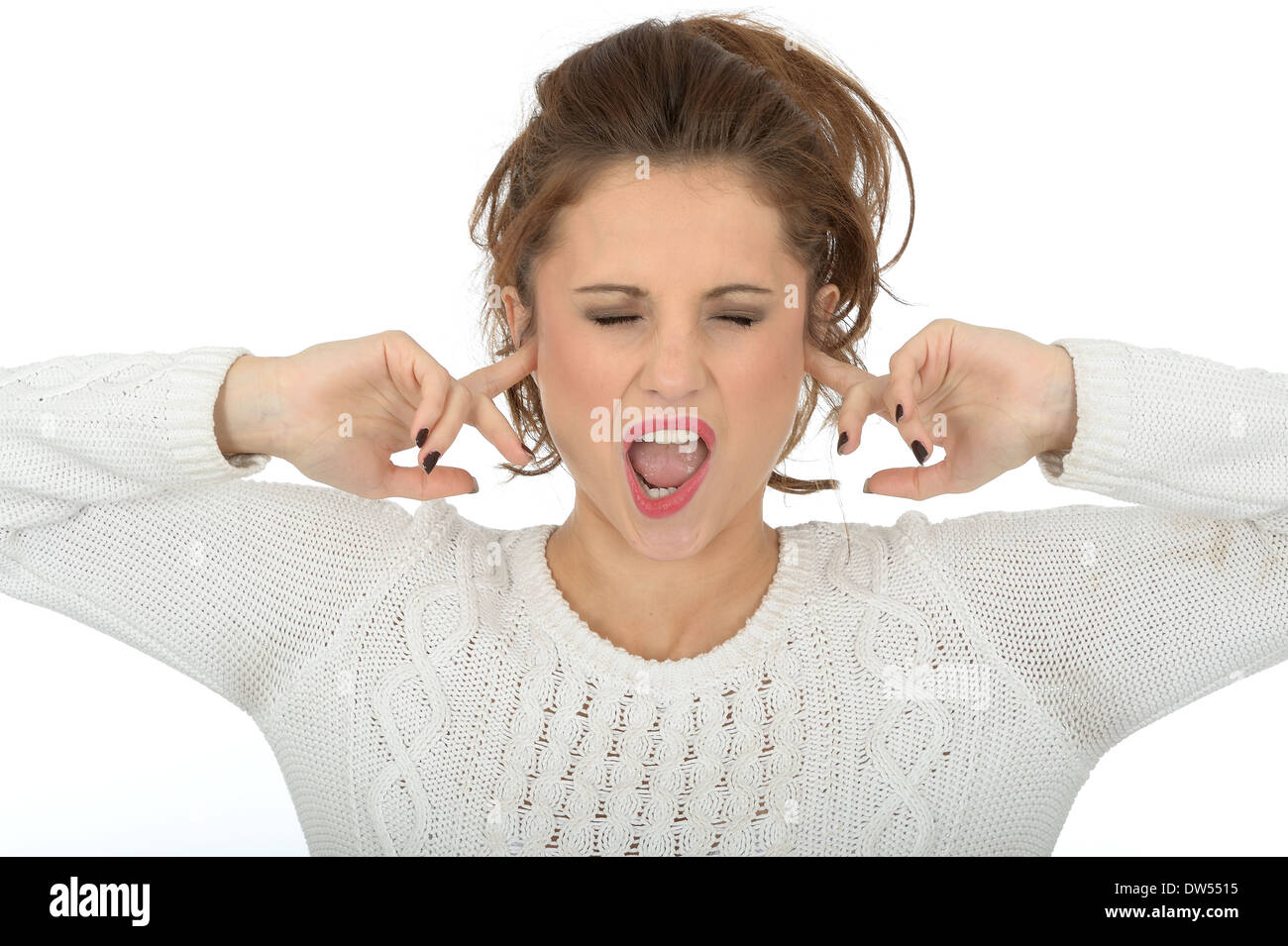 Close up woman covering ears hi-res stock photography and images - Alamy