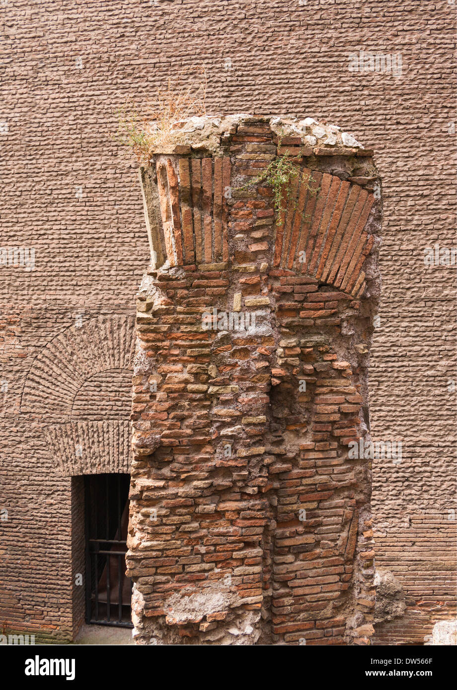 The detail of a ruined brick vault inside the Pantheon in Rome, Italy ...
