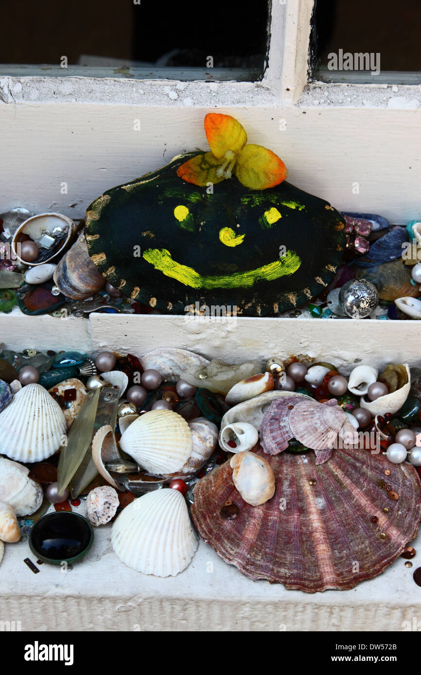 Assorted sea shells on window sill of cottage in Old Town, Hasting ...