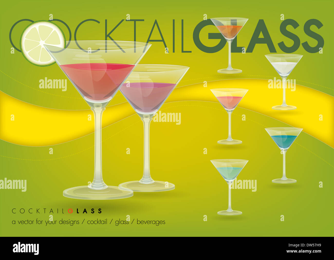 Real transparency cocktail glasses with various beverage color inside ...