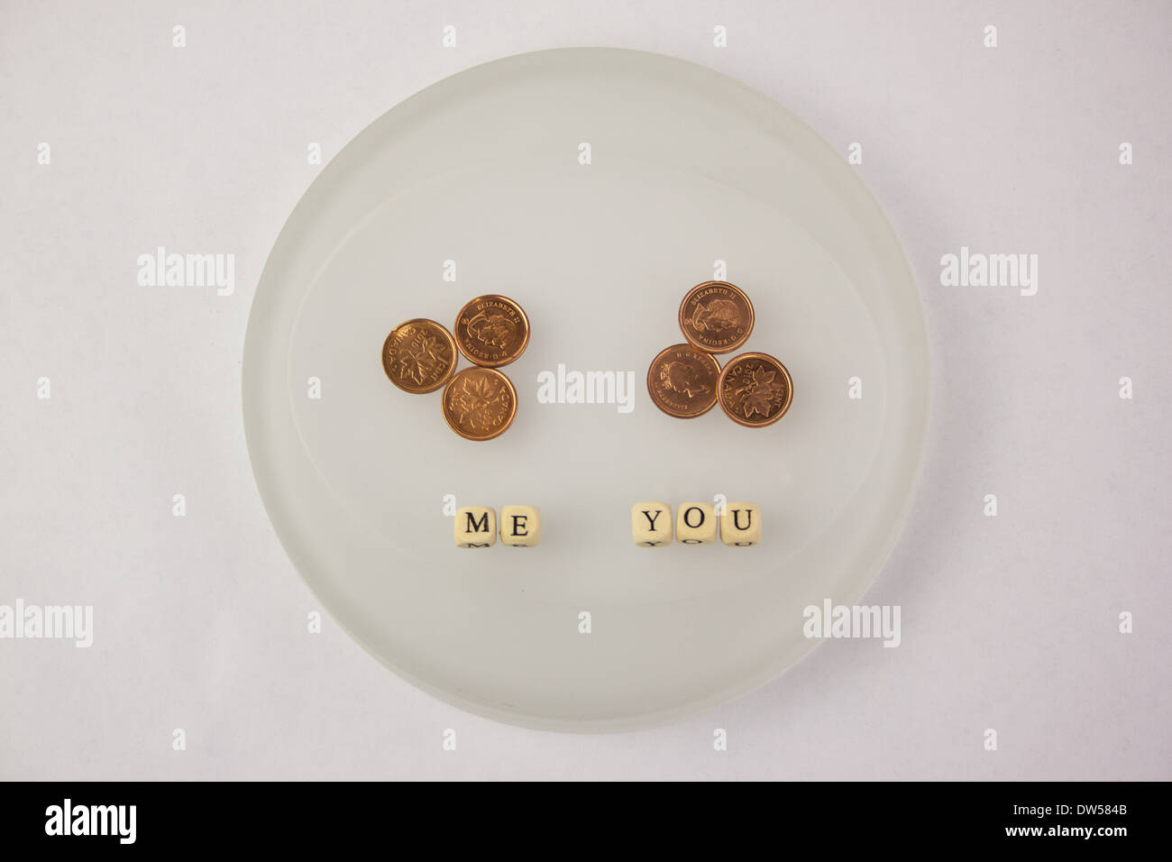 view of pennies to show an equal sharing or division for "me" and "you ...