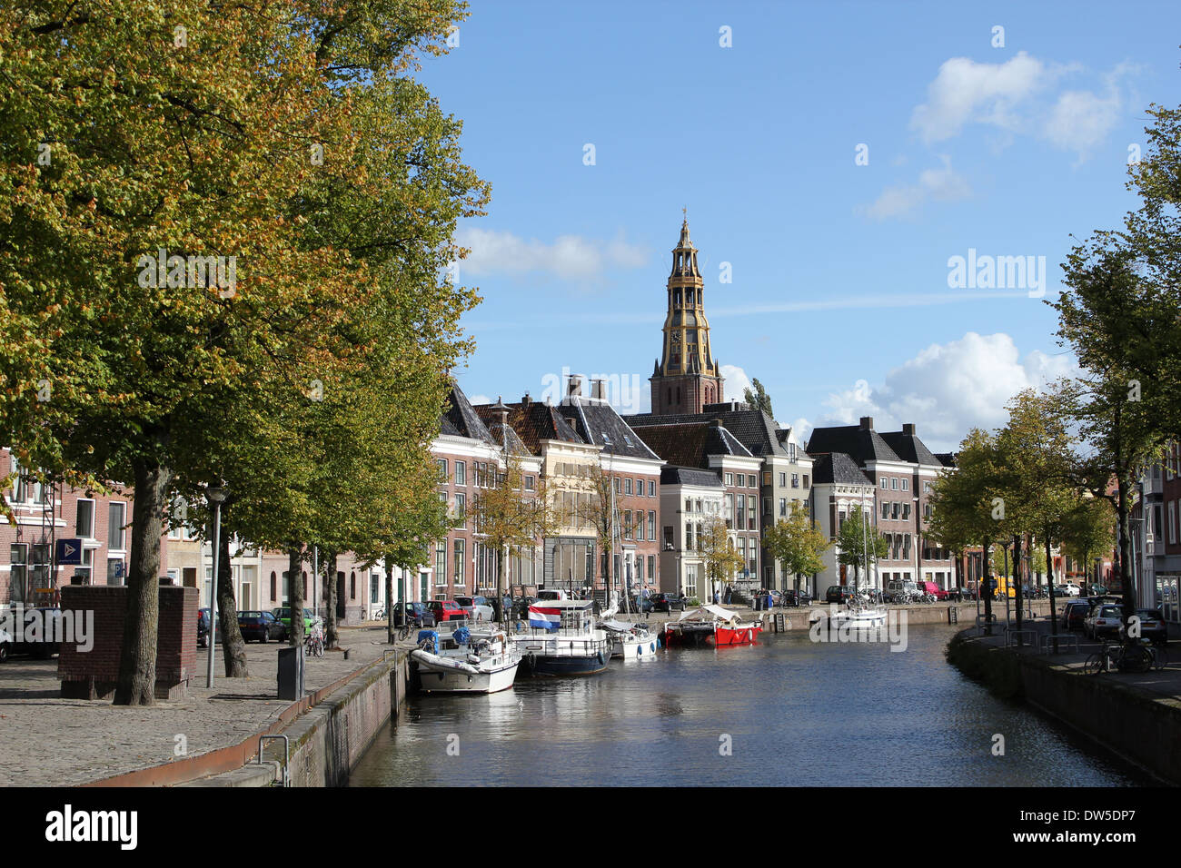 Canal at Hoge der A in Groningen, The Netherlands with Der Aa-Kerk in ...