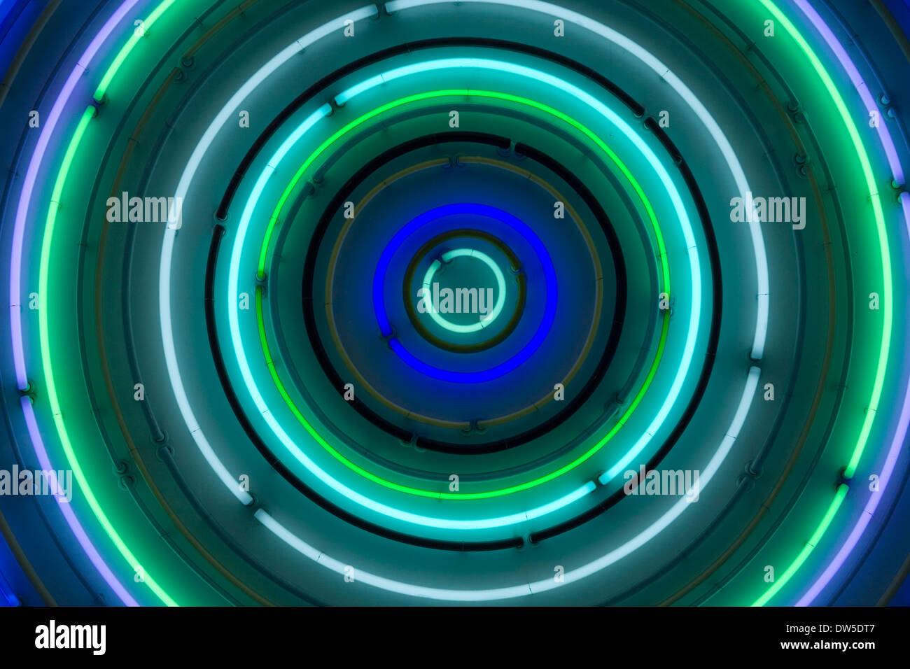 Multi coloured neon light art installation tubes in concentric circles ...