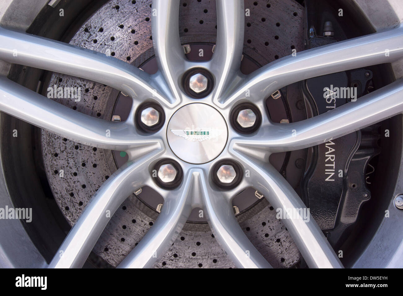 Detail of an Aston Martin DB9, rim with carbon brake disk, built in ...