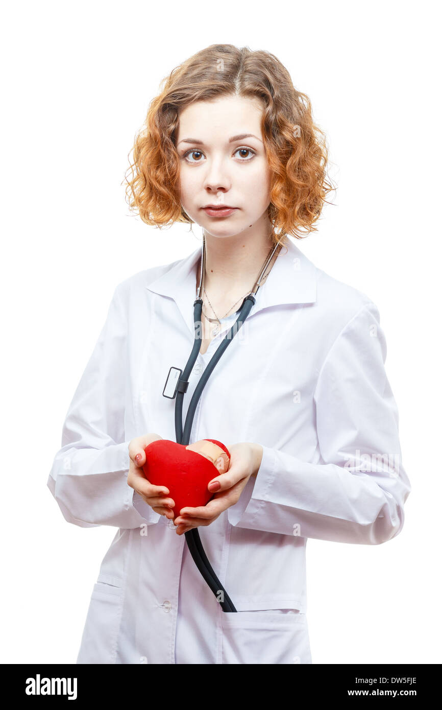 cute redhead doctor in lab coat with heart isolated on white background ...
