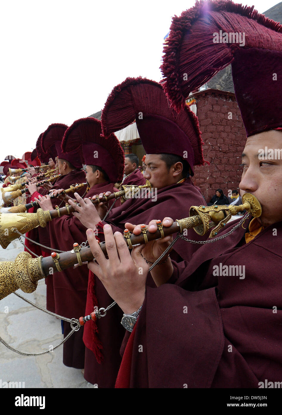 Lhasa, Tibet. 28th February 2014. Members of a Tibetan Buddhist band ...
