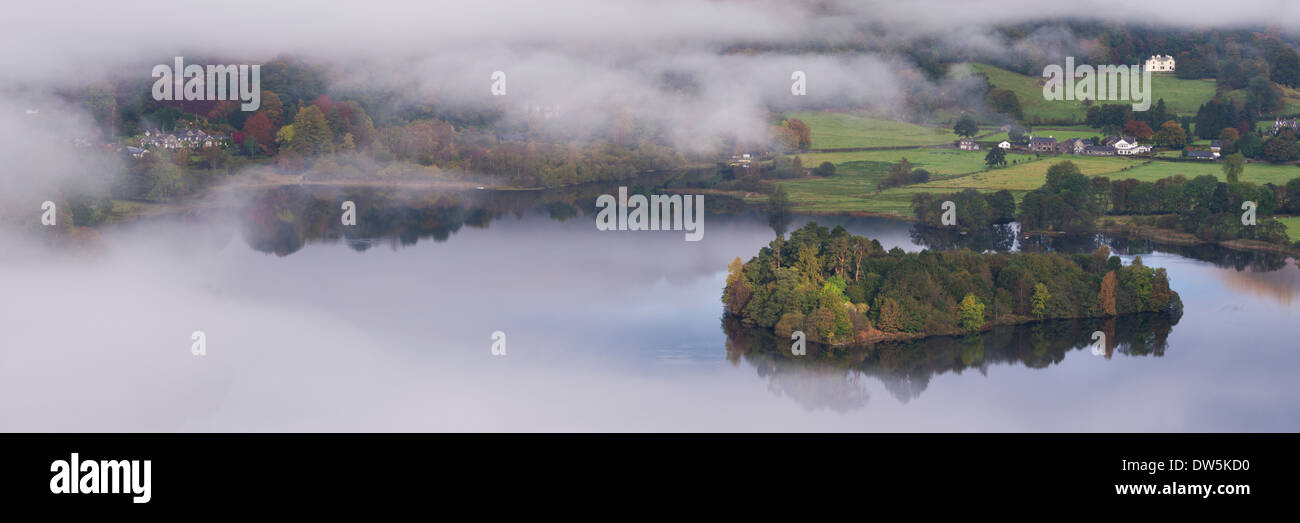 Grasmere lake and village appears through swirling morning mist, Lake ...