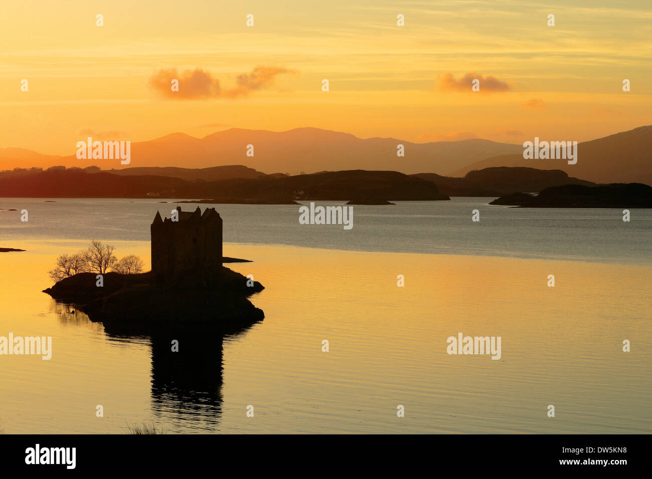 Castle Stalker and Loch Linnhe at sunset, Appin, Argyll & Bute Stock ...