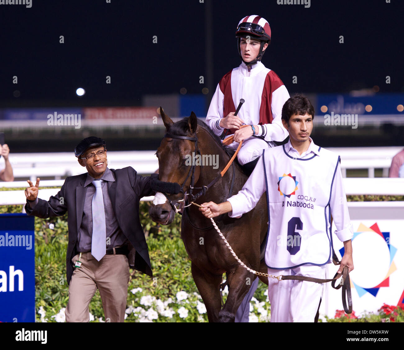 Dubai, UAE. 27th February 2014. Marc Monaghan and Gold City arrive back ...