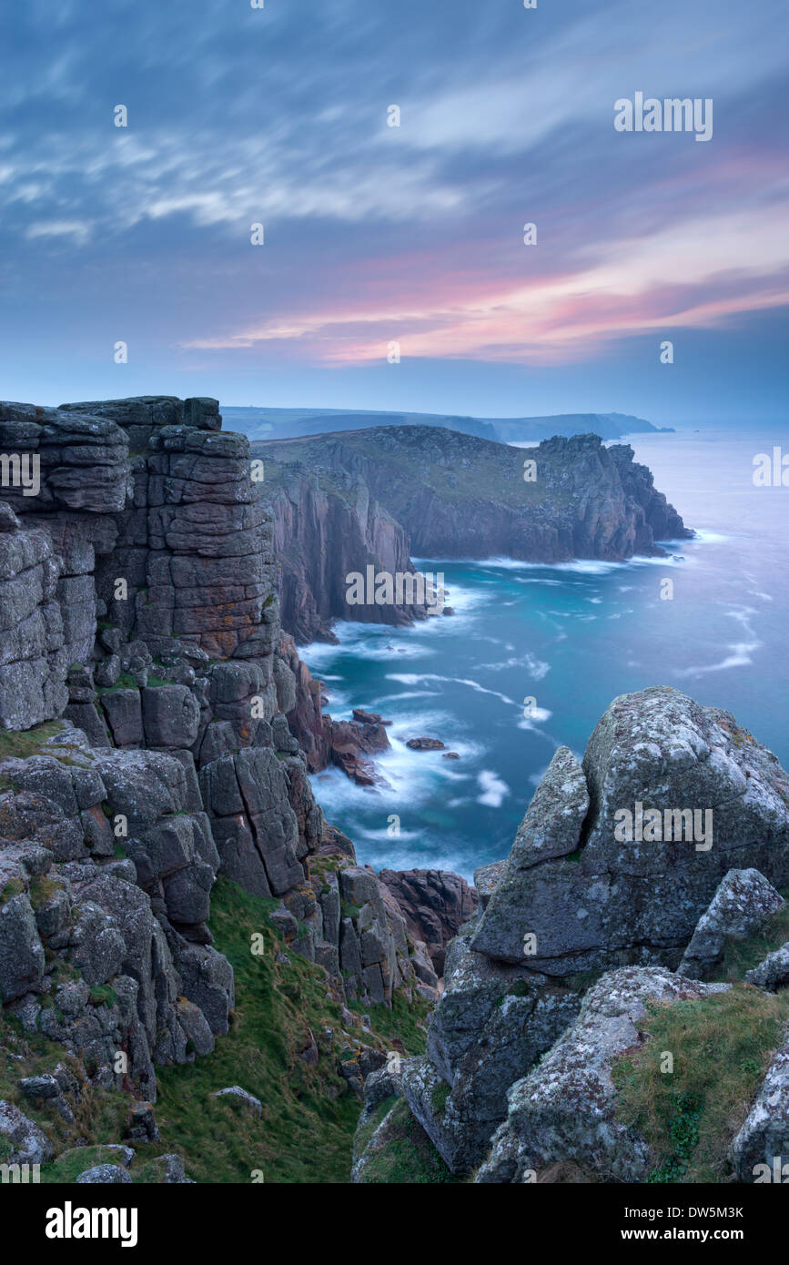 Towering cliffs at Land's End in Cornwall at dawn, England Stock Photo ...