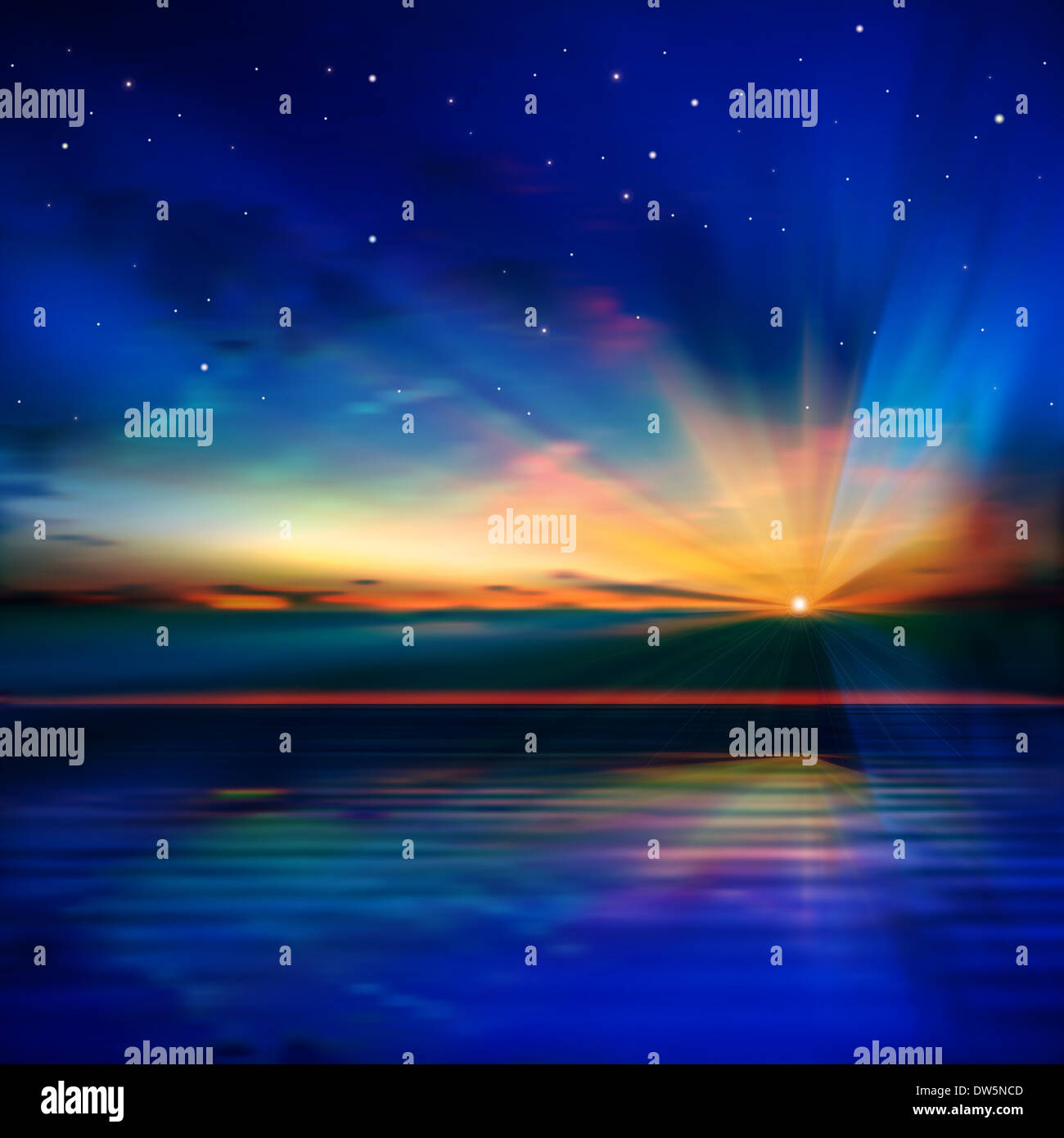 abstract blue background with clouds and golden sea sunrise Stock Photo ...