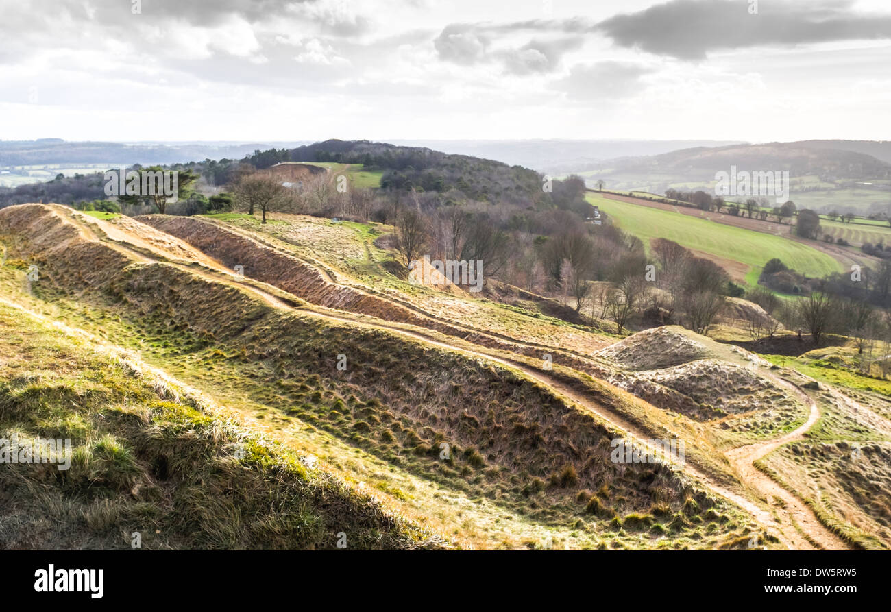 View south of Cotswold escarpment edge over Severn Vale: ancient hill ...