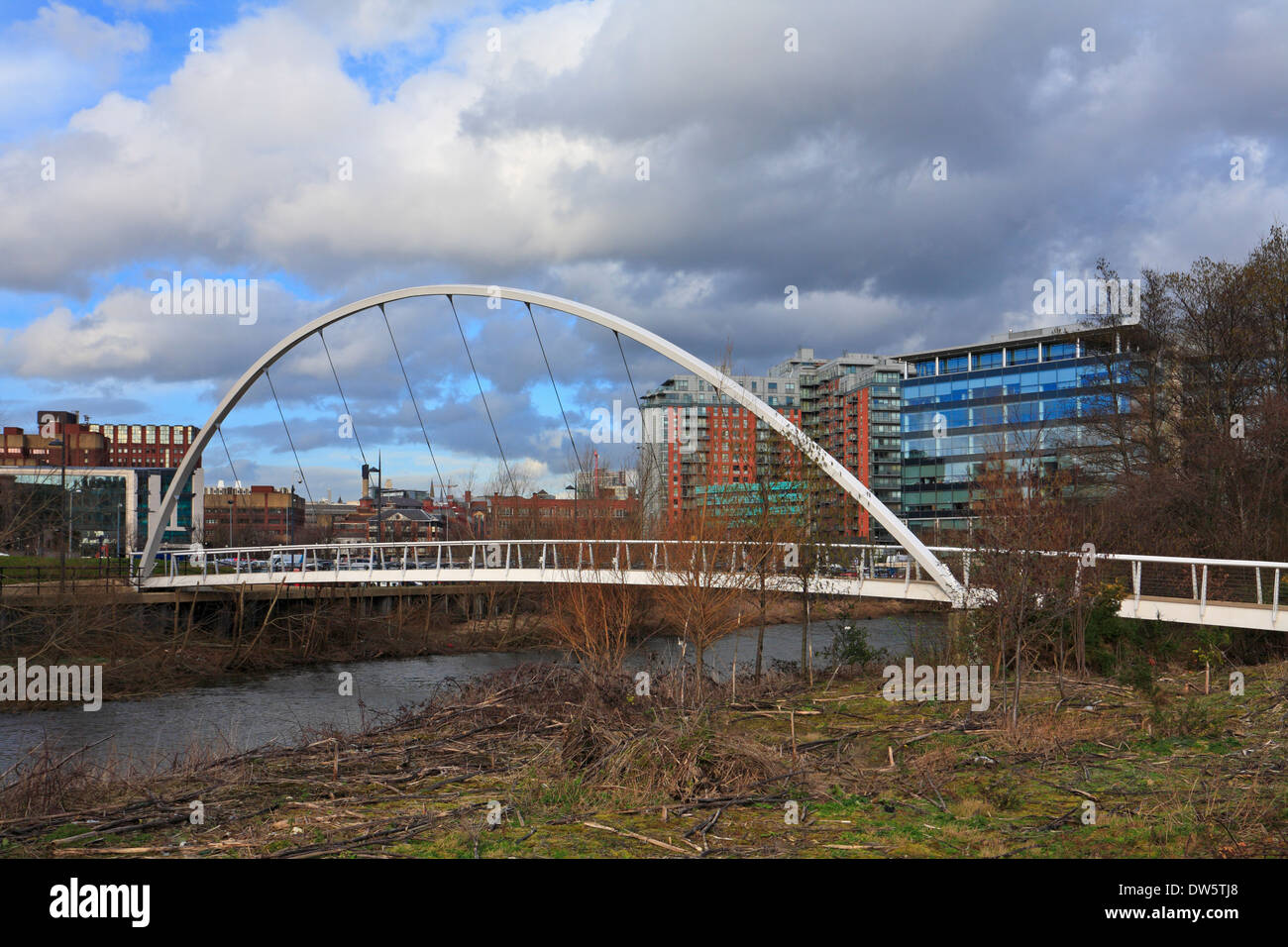 River Aire pedestrian footbridge leading to the Whitehall Riverside ...