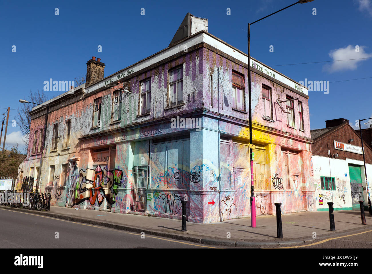 The derelict, Lord Napier Public House, covered in garish graffiti ...
