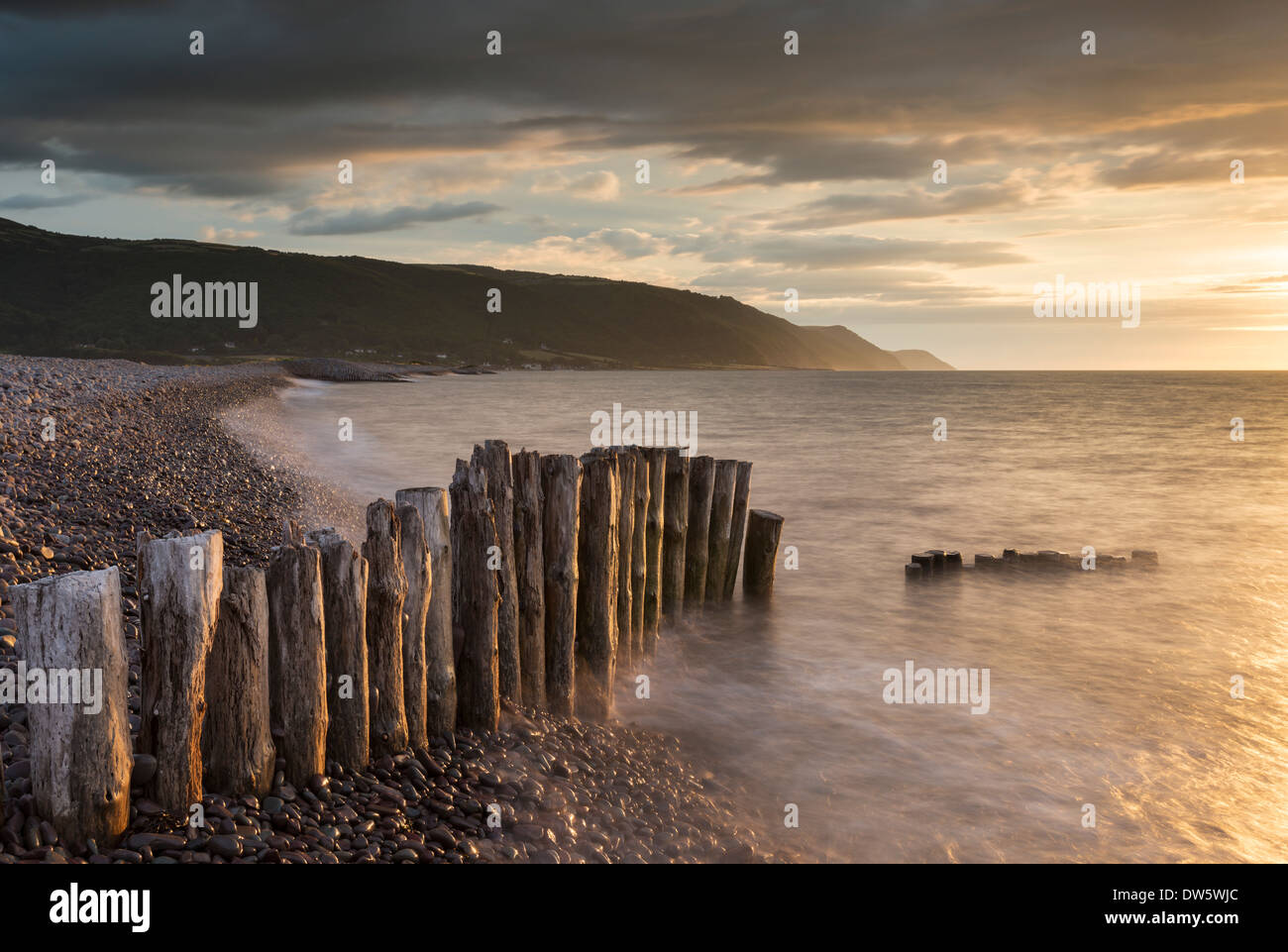 Sunset over Bossington Beach in Exmoor, Somerset, England. Summer (July ...