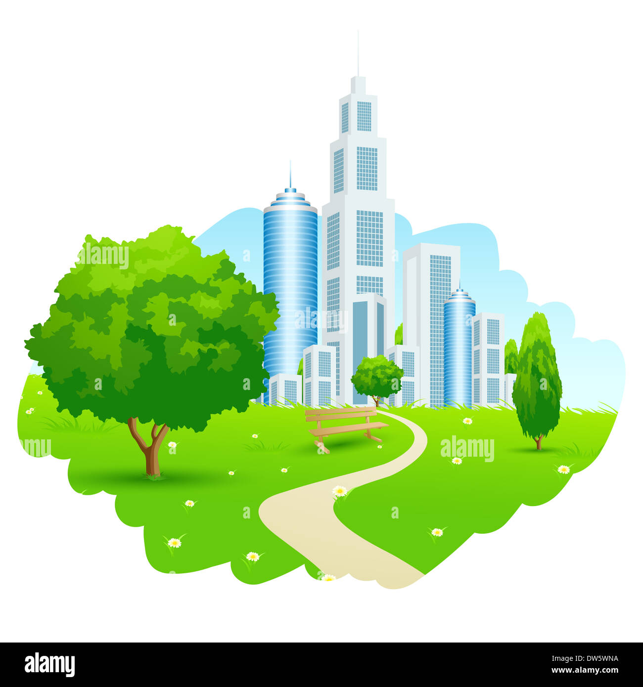 Green landscape with tree city and clouds Stock Photo - Alamy