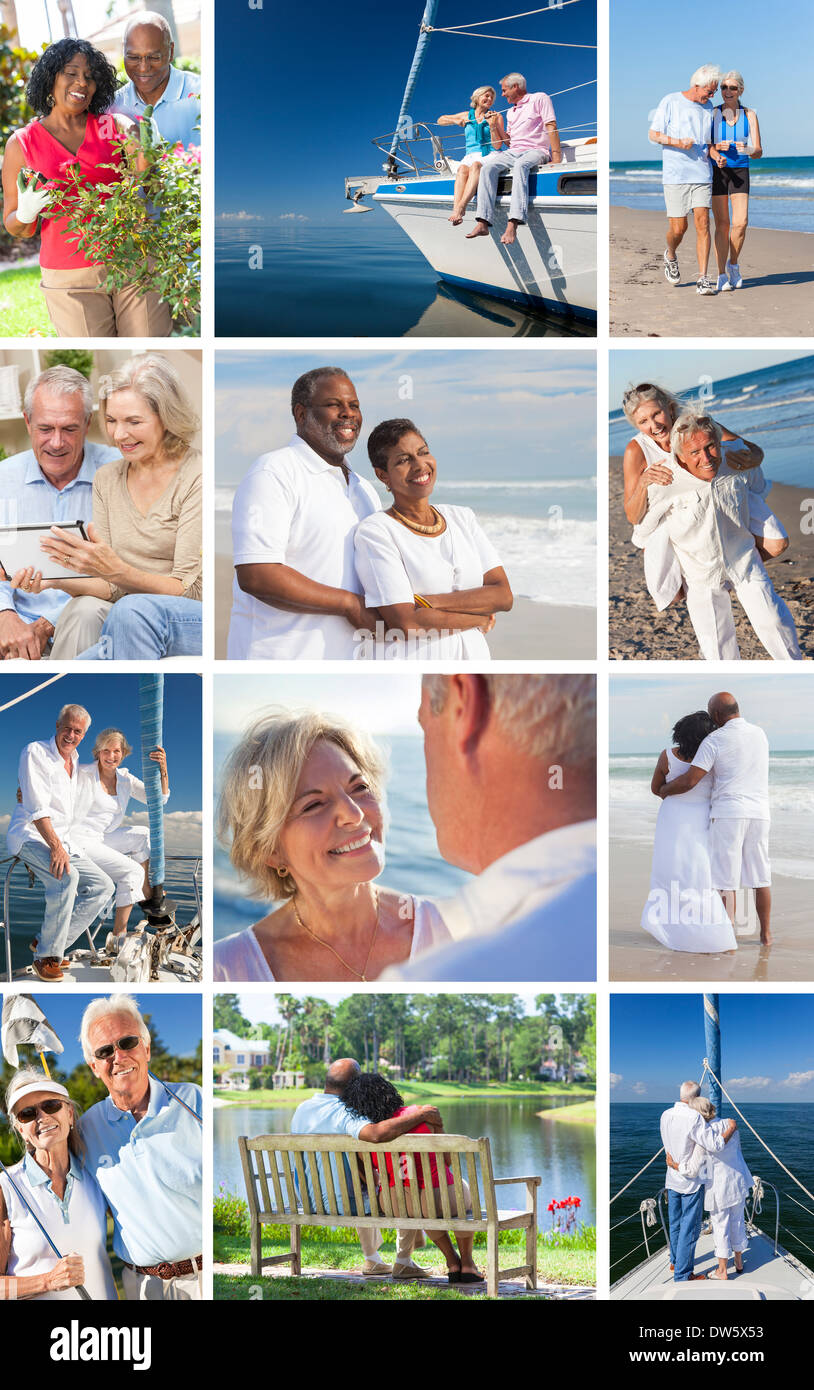 Happy interracial old senior man woman couples enjoying active ...