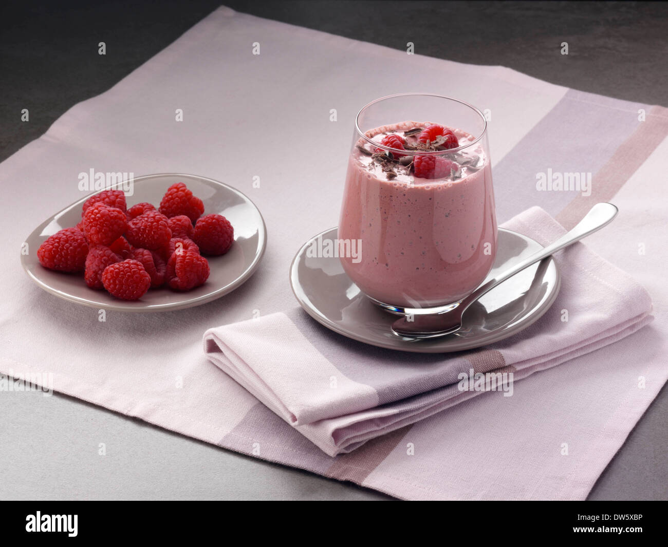 Chocolate raspberry shake healthy American breakfast Stock Photo - Alamy
