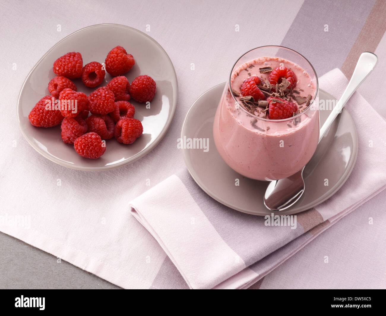 Chocolate raspberry shake healthy American breakfast Stock Photo - Alamy