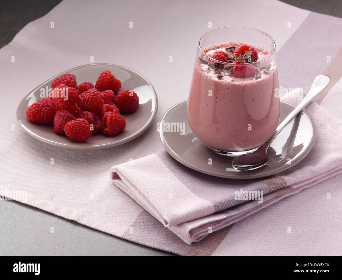 Chocolate raspberry shake healthy American breakfast Stock Photo - Alamy