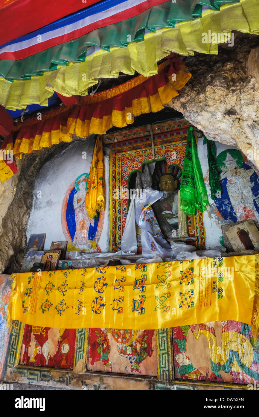 Religious artifacts in the Milarepa Cave shrine, Tsum Valley, Nepal ...