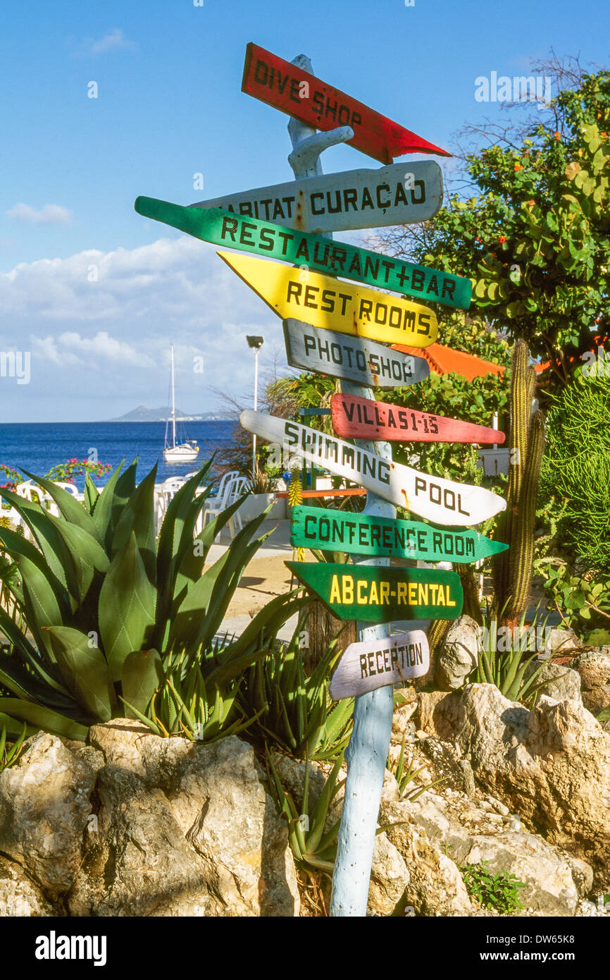 colorful sign post island resort diving scuba Caribbean Bonaire cactus ...