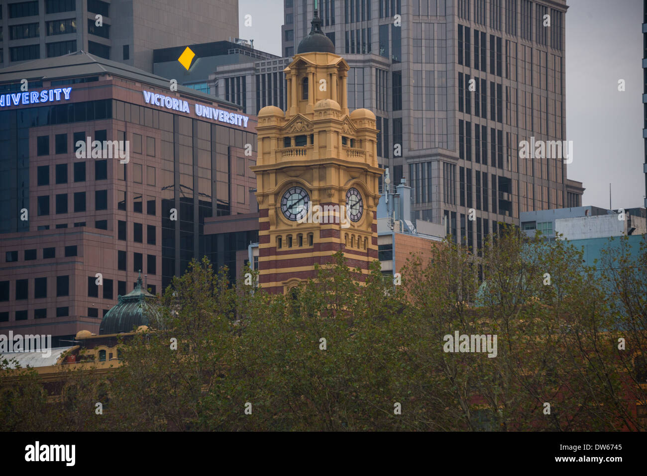 Melbourne city portrait clock tower view. Skyline of City Flinders ...