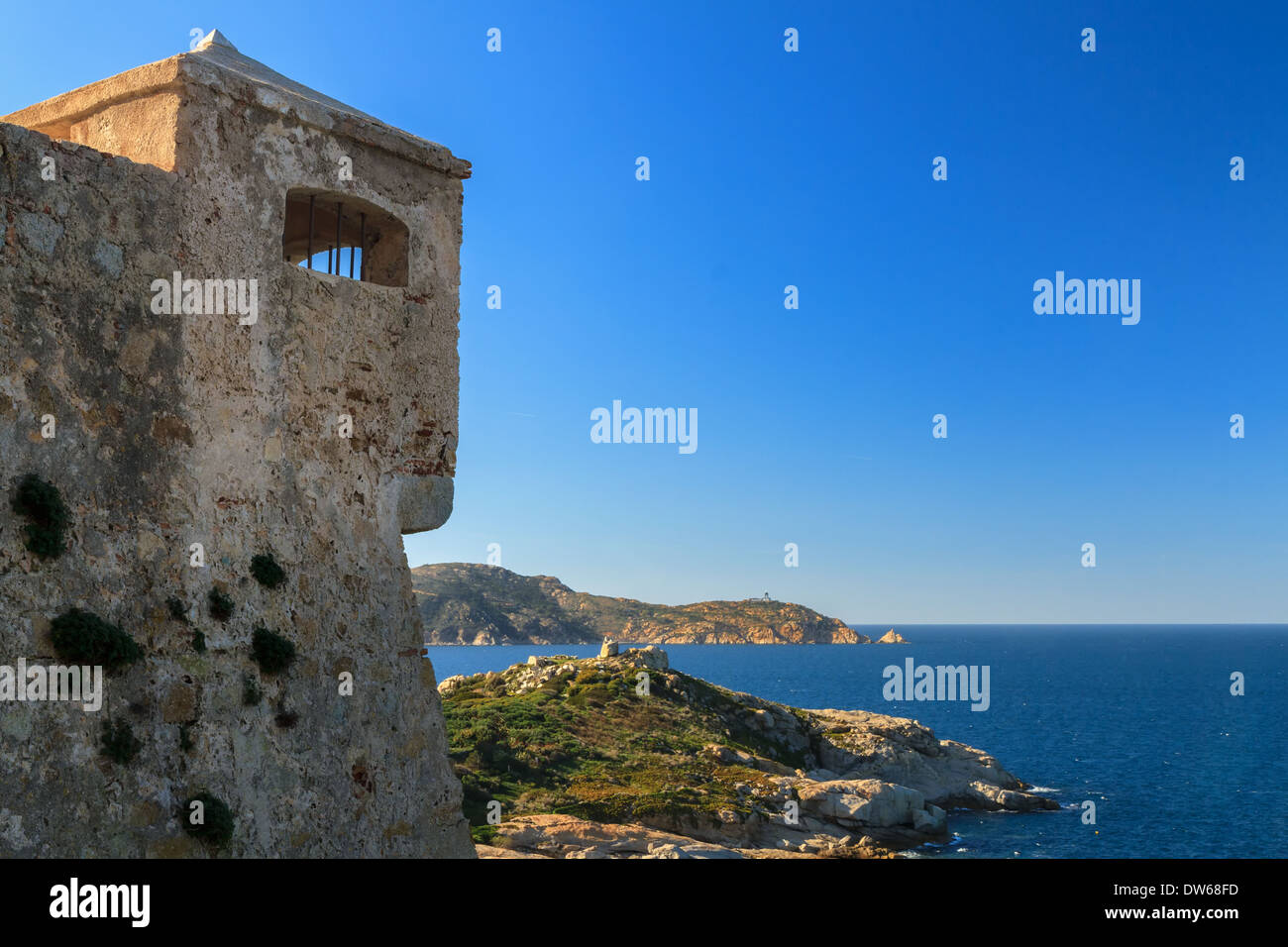 A watchtower in the citadel at Calvi overlooking the Mediterranean and ...