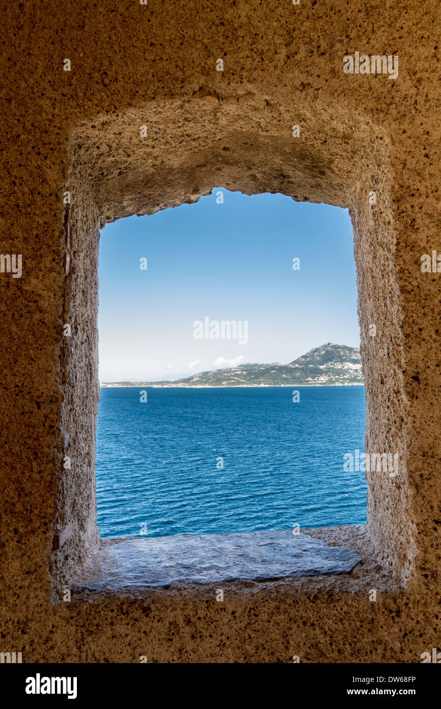 The view across Calvi bay from a lookout in the citadel in Calvi in the ...
