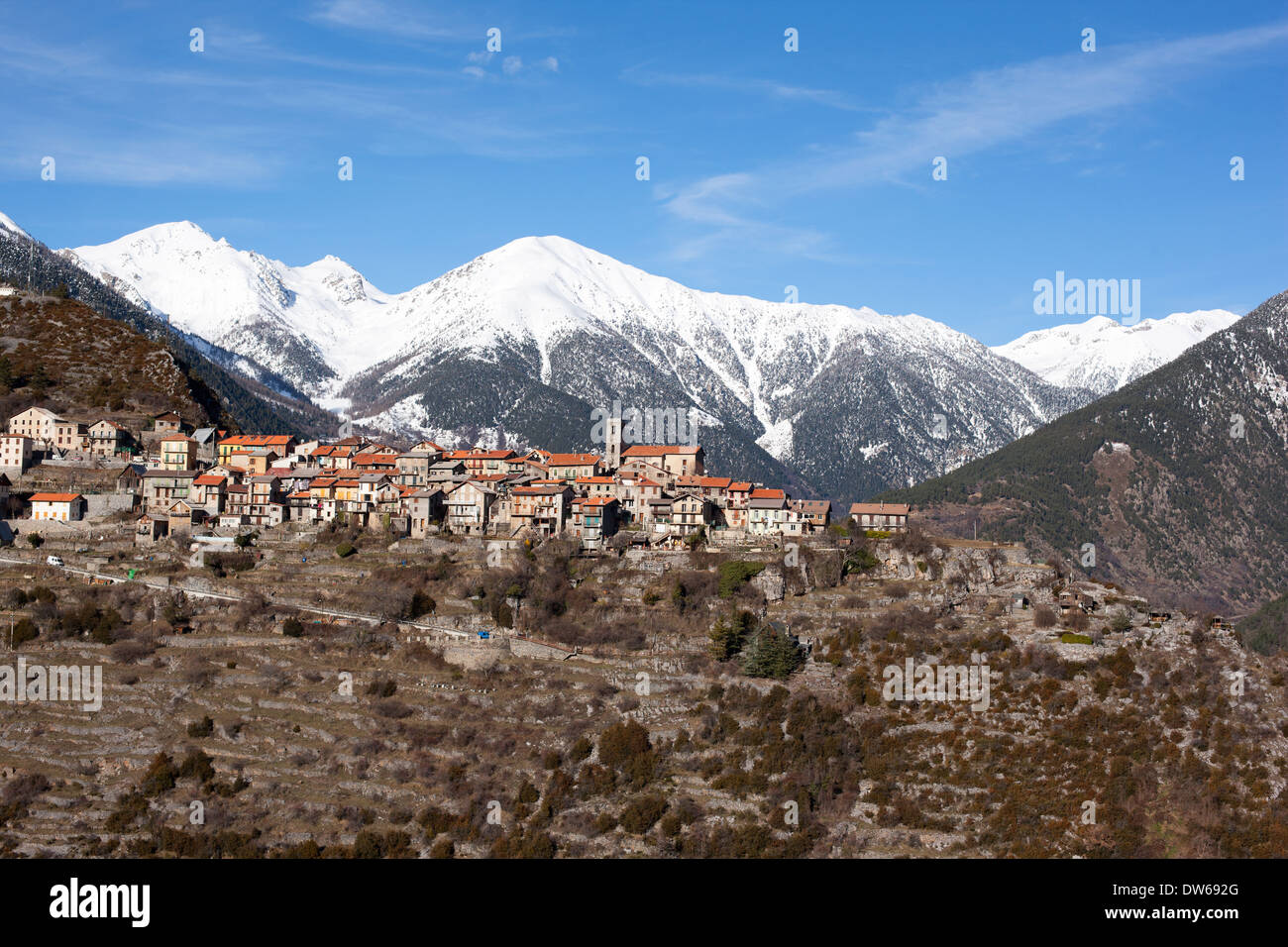 AERIAL VIEW. Medieval village perched on a narrow ridge with the ...