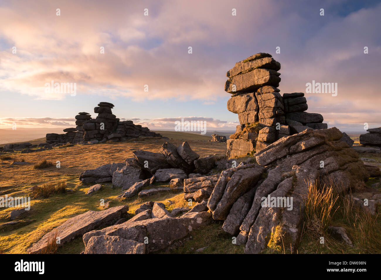 Rich evening sunlight at Great Staple Tor, Dartmoor National Park ...