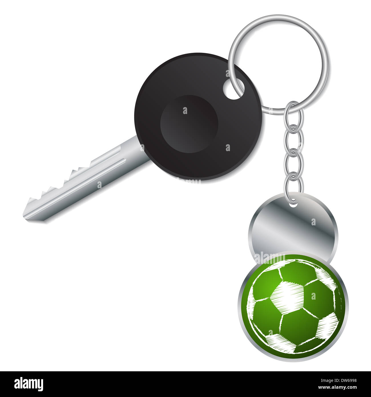 Black key with metallic soccer ball keyholder on white Stock Photo - Alamy
