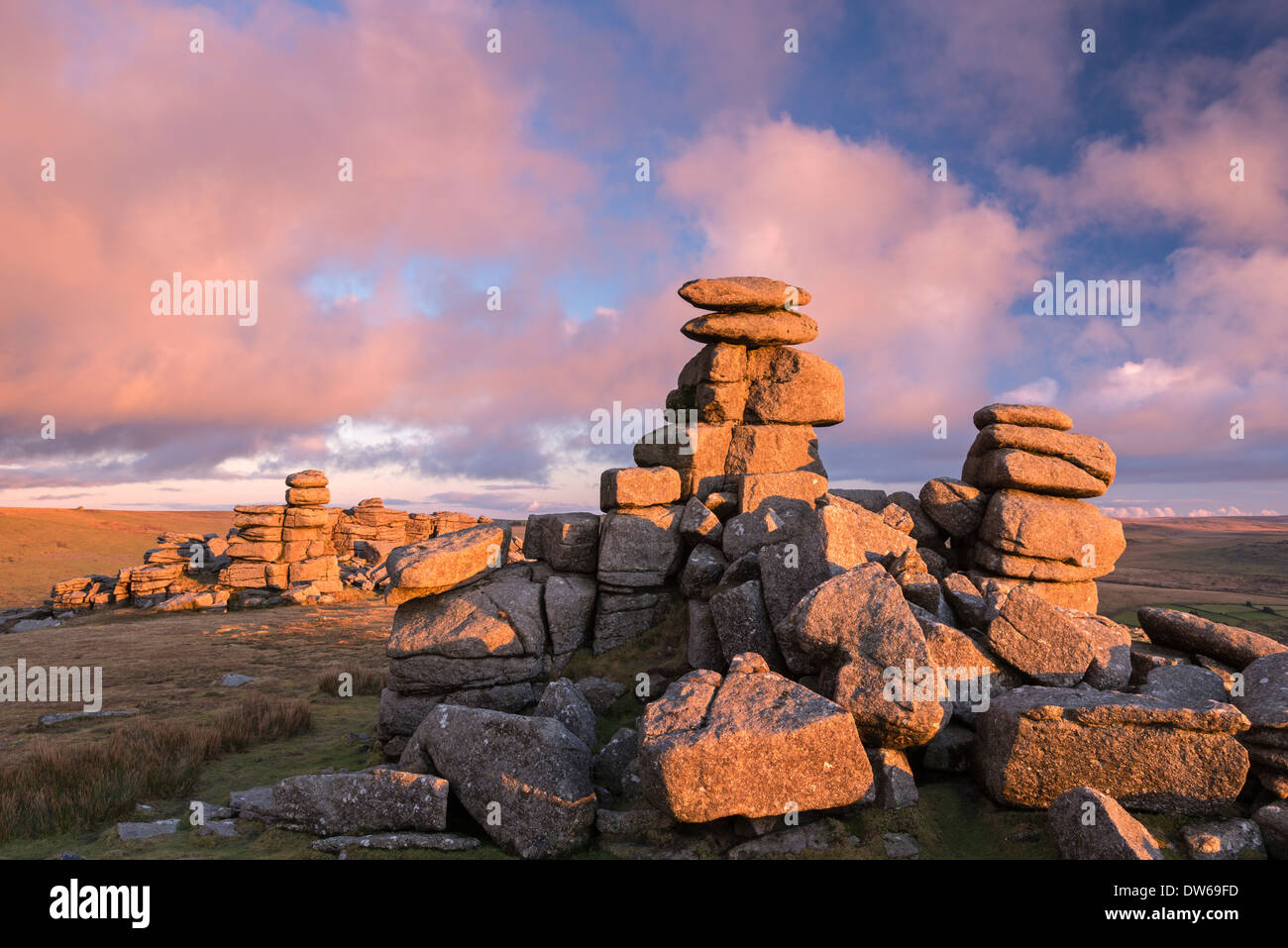 Rich evening sunlight illuminates Great Staple Tor at sunset, Dartmoor ...