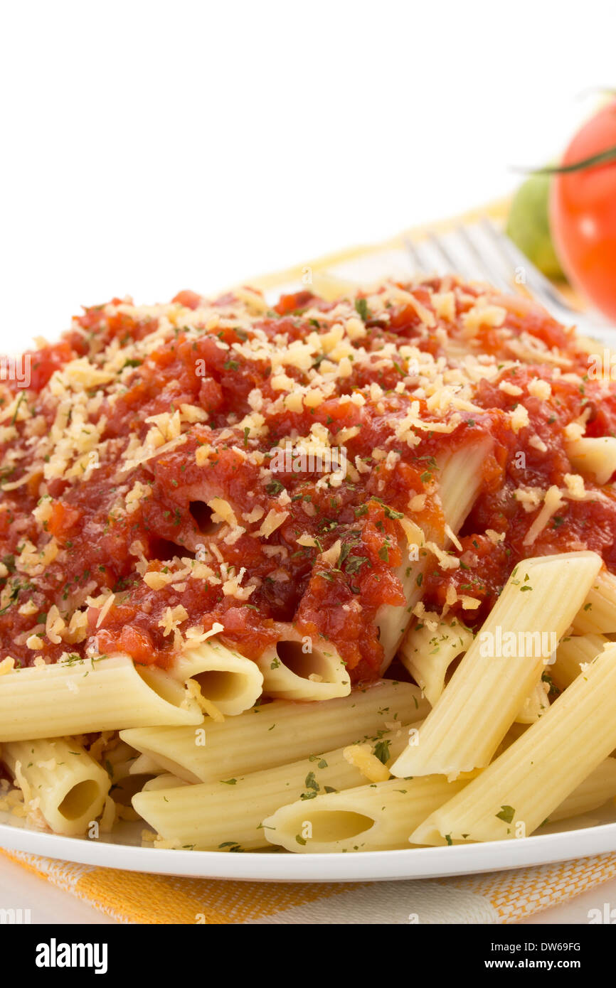 pasta Penne in plate isolated on white background Stock Photo - Alamy